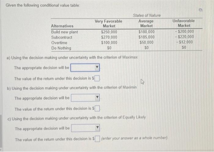 Solved Given the following conditional value table: a) Using | Chegg.com