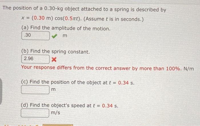 Solved position of a 0.30−kg object attached to a spring is | Chegg.com