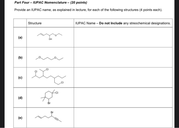 Solved Part Four - IUPAC Nomenclature - (20 points) Provide | Chegg.com