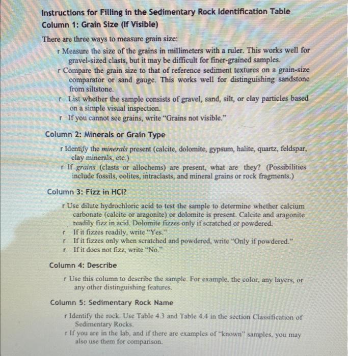 Solved Instructions for Filling in the Sedimentary Rock | Chegg.com