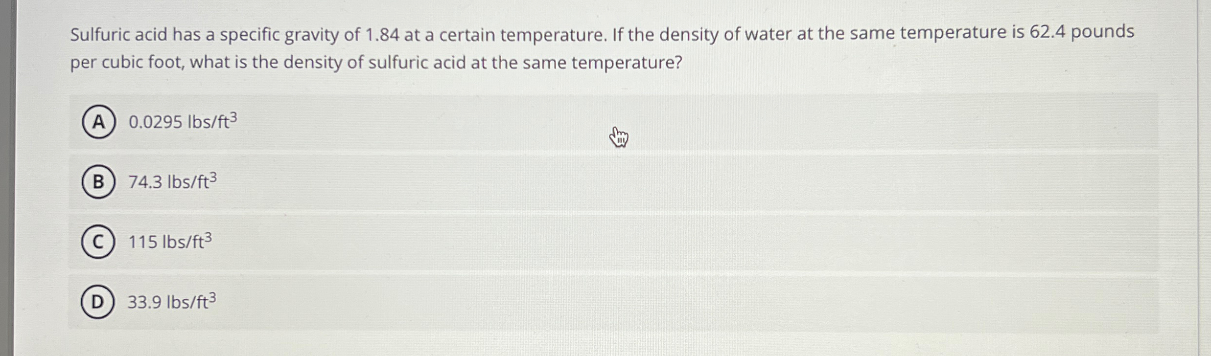 Solved Sulfuric acid has a specific gravity of 1.84 ﻿at a | Chegg.com