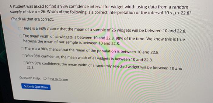 Solved A student was asked to find a 98% confidence interval | Chegg.com