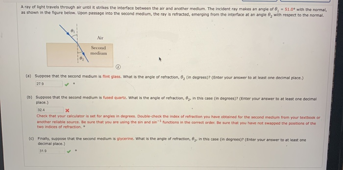 Solved A ray of light travels through air until it strikes | Chegg.com