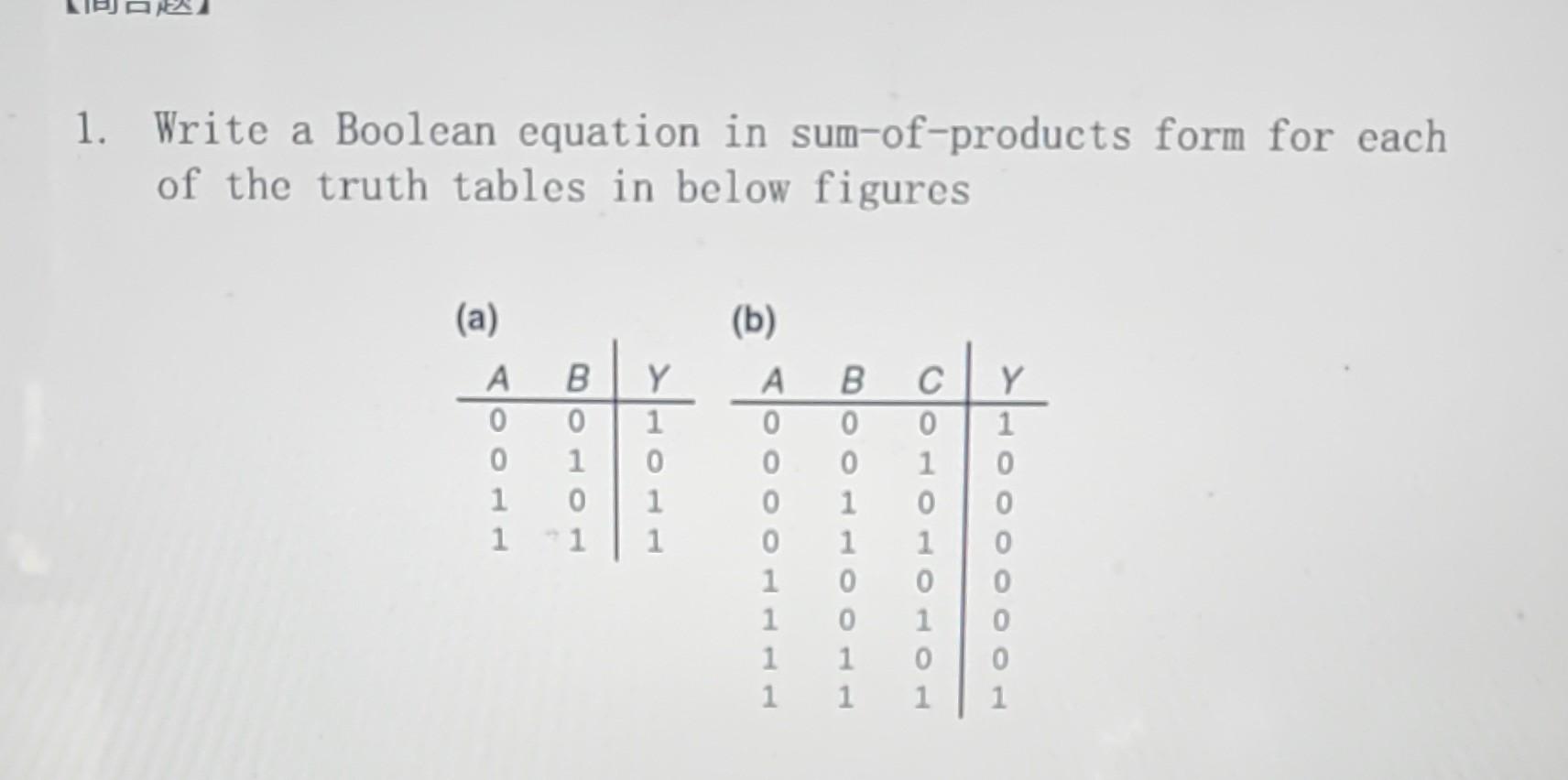 Solved 1 Write A Boolean Equation In Sum Of Products Form