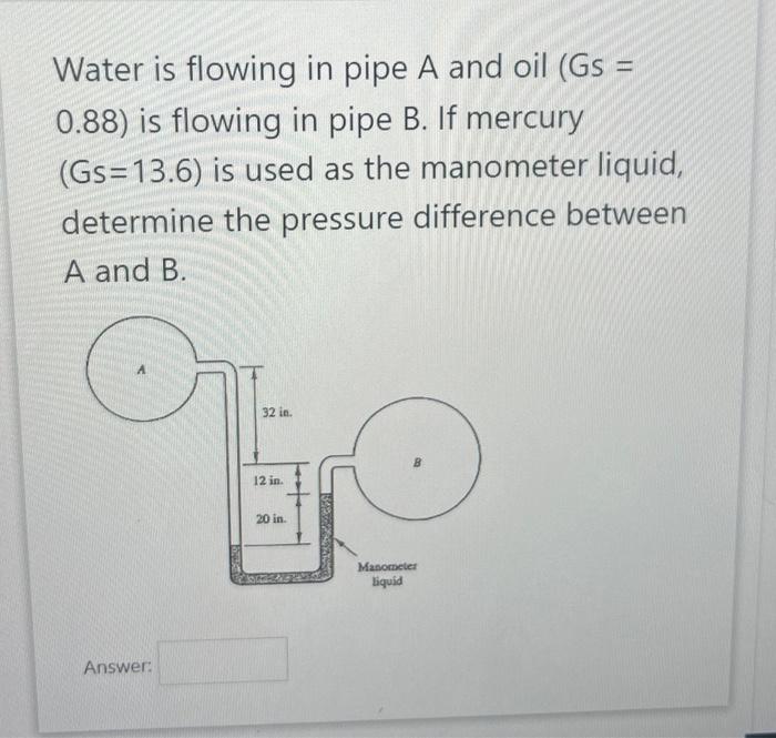 Solved Water is flowing in pipe A and oil (Gs = 0.88 ) is | Chegg.com