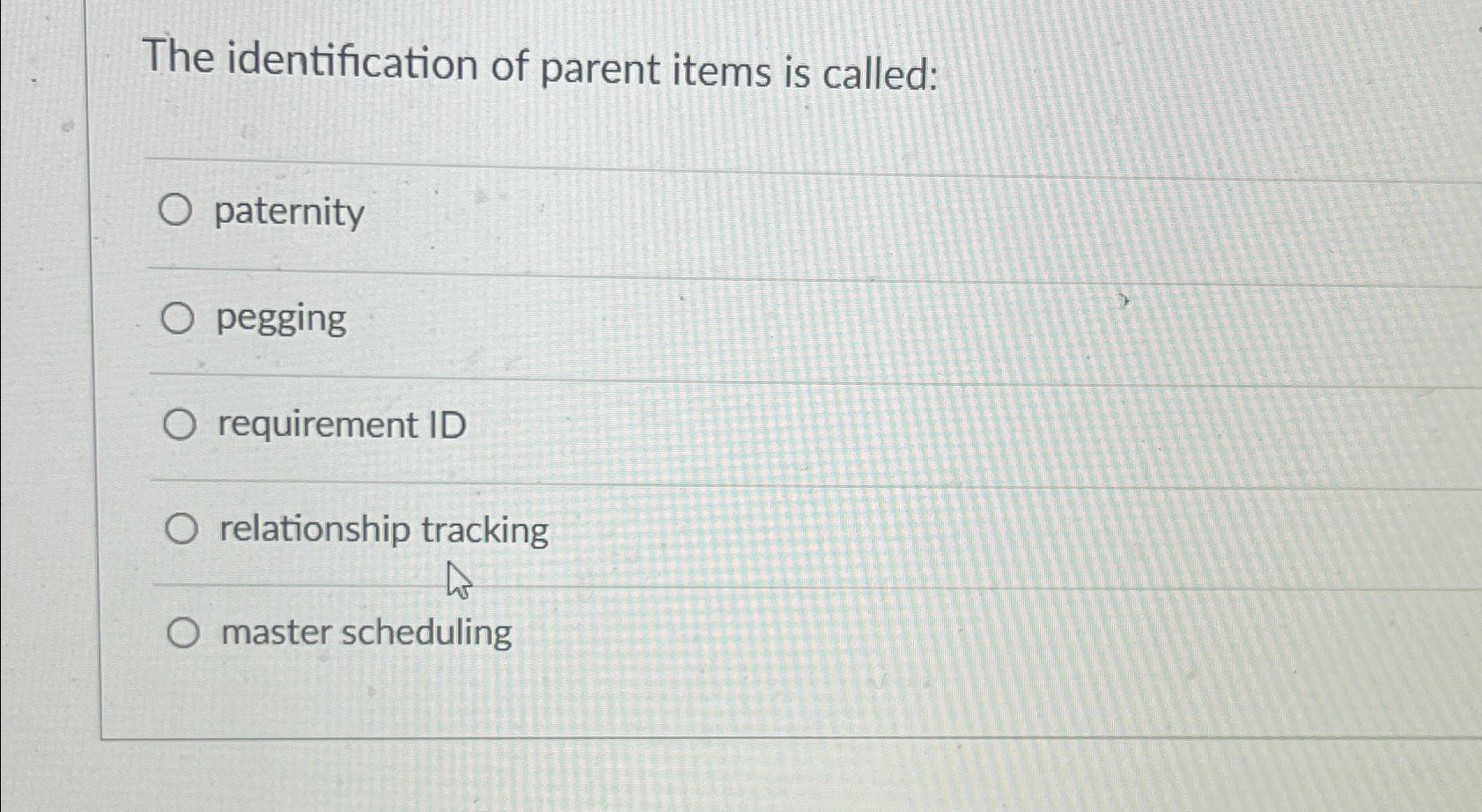 Solved The identification of parent items is | Chegg.com