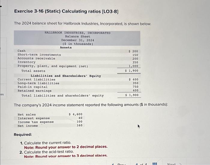 Solved Exercise 3-16 (Static) Calculating ratios [LO3-8] The | Chegg.com