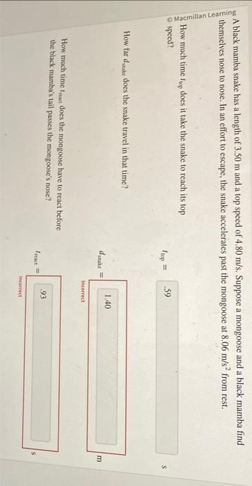 Solved A black mamba snake has a length of 3.50 m and a top | Chegg.com