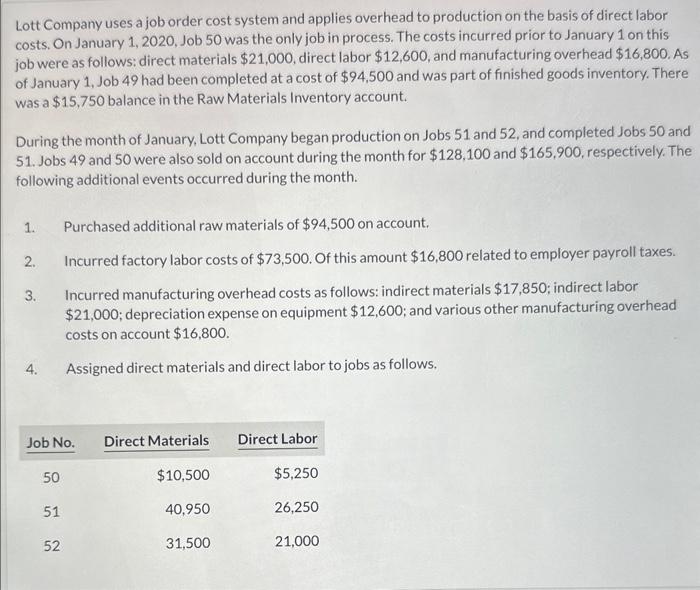 Solved Lott Company uses a job order cost system and applies | Chegg.com