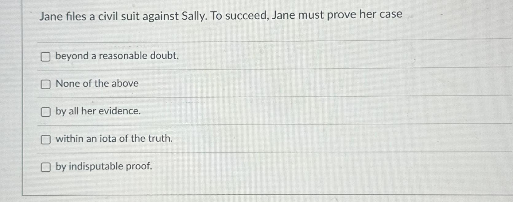 Solved Jane files a civil suit against Sally. To succeed, | Chegg.com