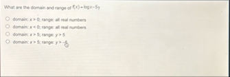 Solved What are the domain and range of (x)=logx-5,domainc | Chegg.com