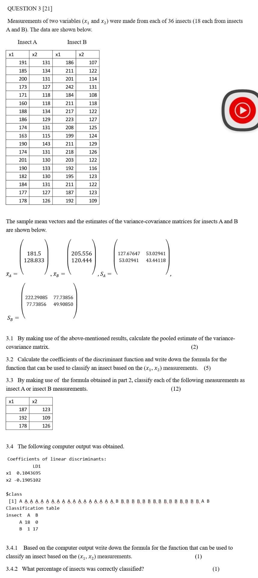 Solved QUESTION 3 [21] Measurements of two variables ( x1 | Chegg.com