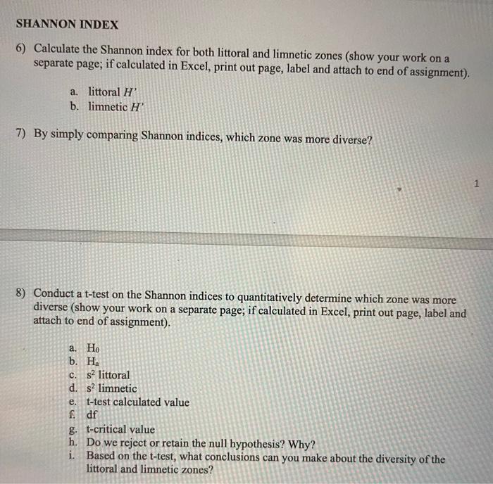 Solved SHANNON INDEX 6) Calculate the Shannon index for both | Chegg.com