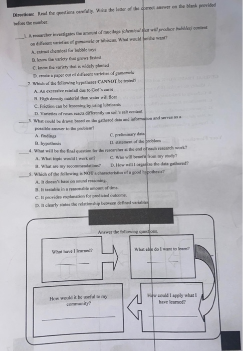 Solved Directions: Read the questions carefully. Write the | Chegg.com