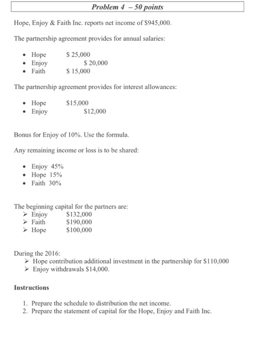 Solved Problem 4 - 50 points Hope, Enjoy & Faith Inc. | Chegg.com