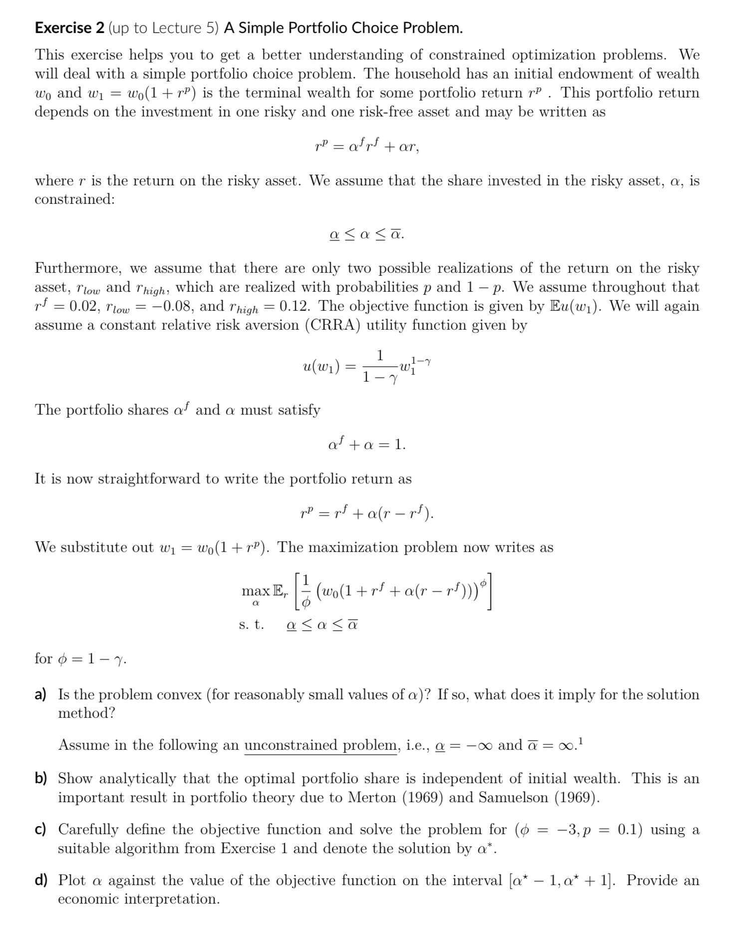 Solved A Simple Portfolio Choice Problem This Exercise Helps