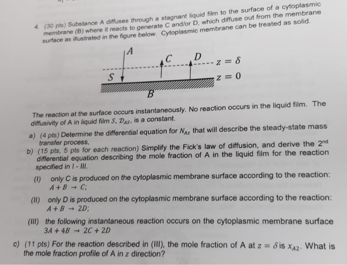 4. (30 pts) Substance A diffuses through a stagnant | Chegg.com