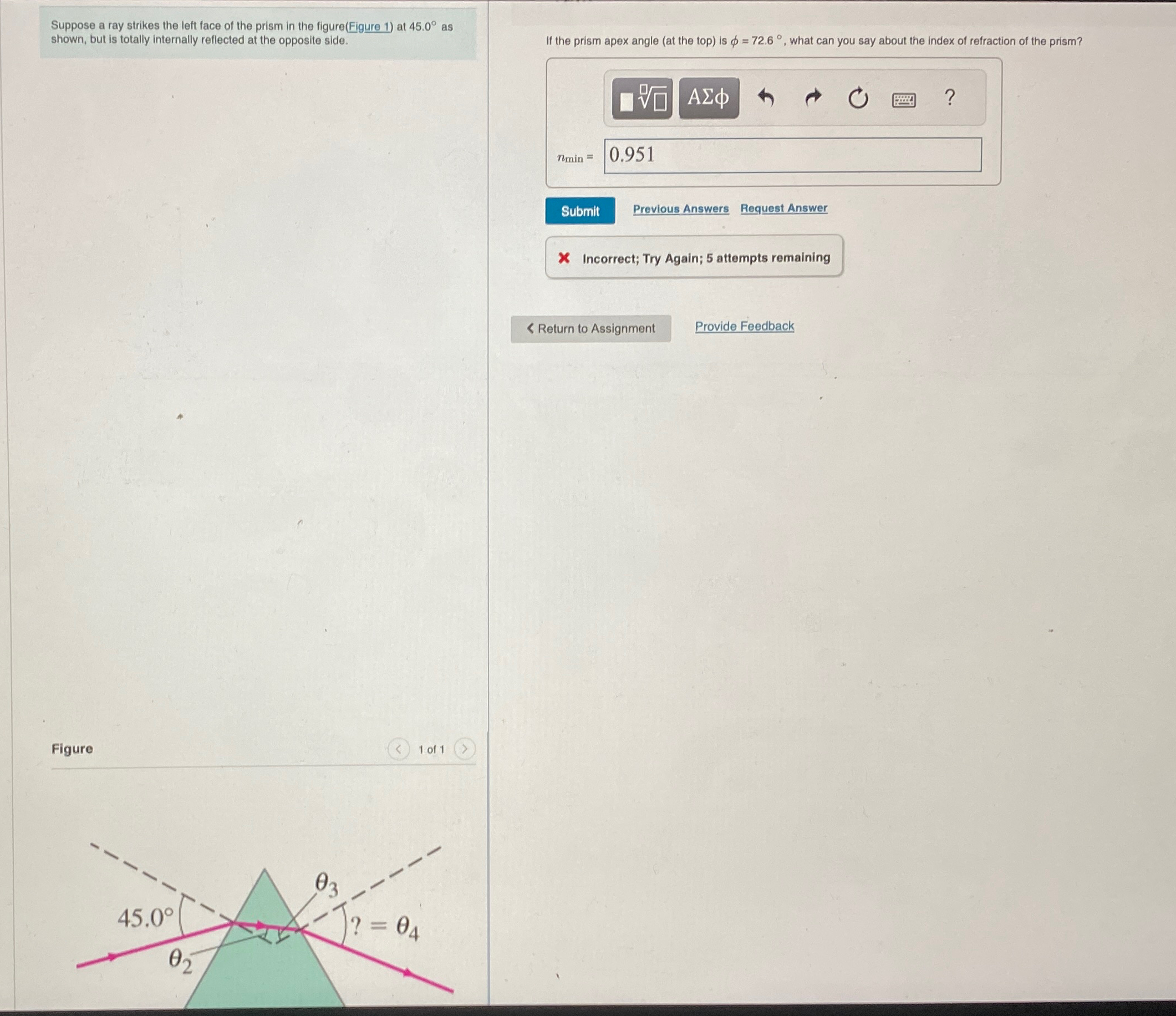 Solved Suppose a ray strikes the left face of the prism in | Chegg.com