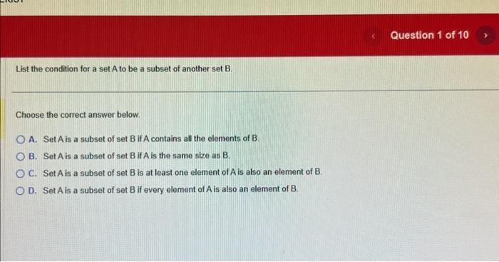 Solved List the condition for a set A to be a subset of | Chegg.com