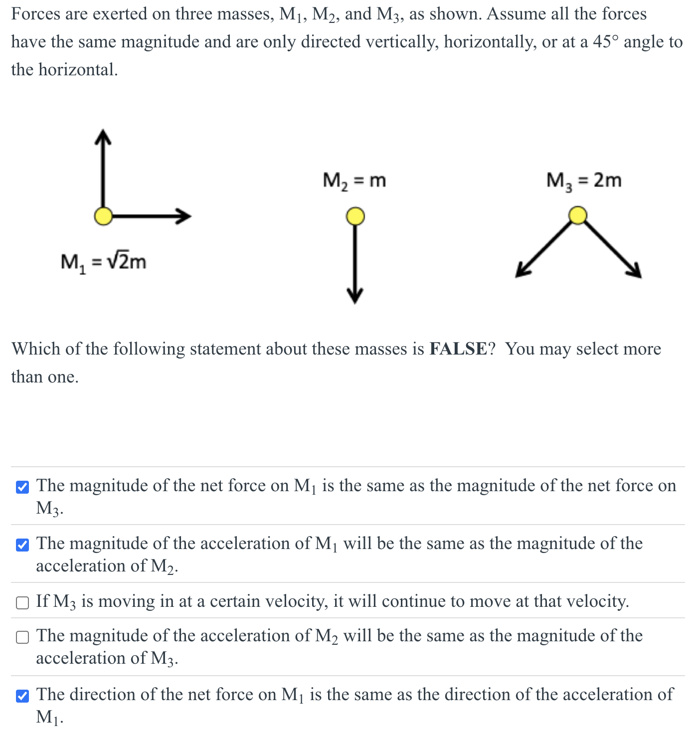 Solved Forces are exerted on ﻿three masses, M1,M2, ﻿and | Chegg.com