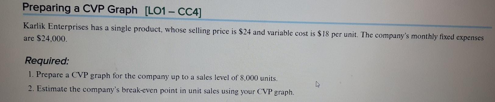 Solved Preparing a CVP Graph [LO1 - CC4] Karlik Enterprises | Chegg.com