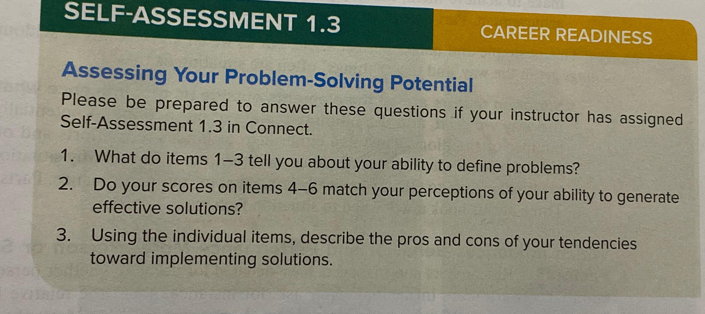 Solved SELF-ASSESSMENT 1.3CAREER READINESSAssessing Your | Chegg.com