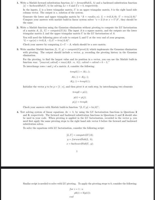1. Write a Matlab forward subetitution function ∣x∣= | Chegg.com