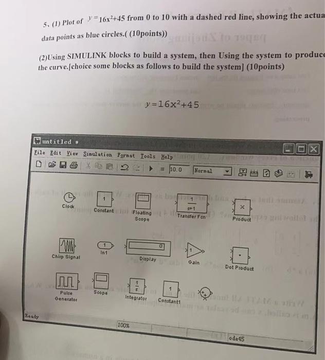 Solved 5. (1) Plot of y=16x2+45 from 0 to 10 with a dashed | Chegg.com