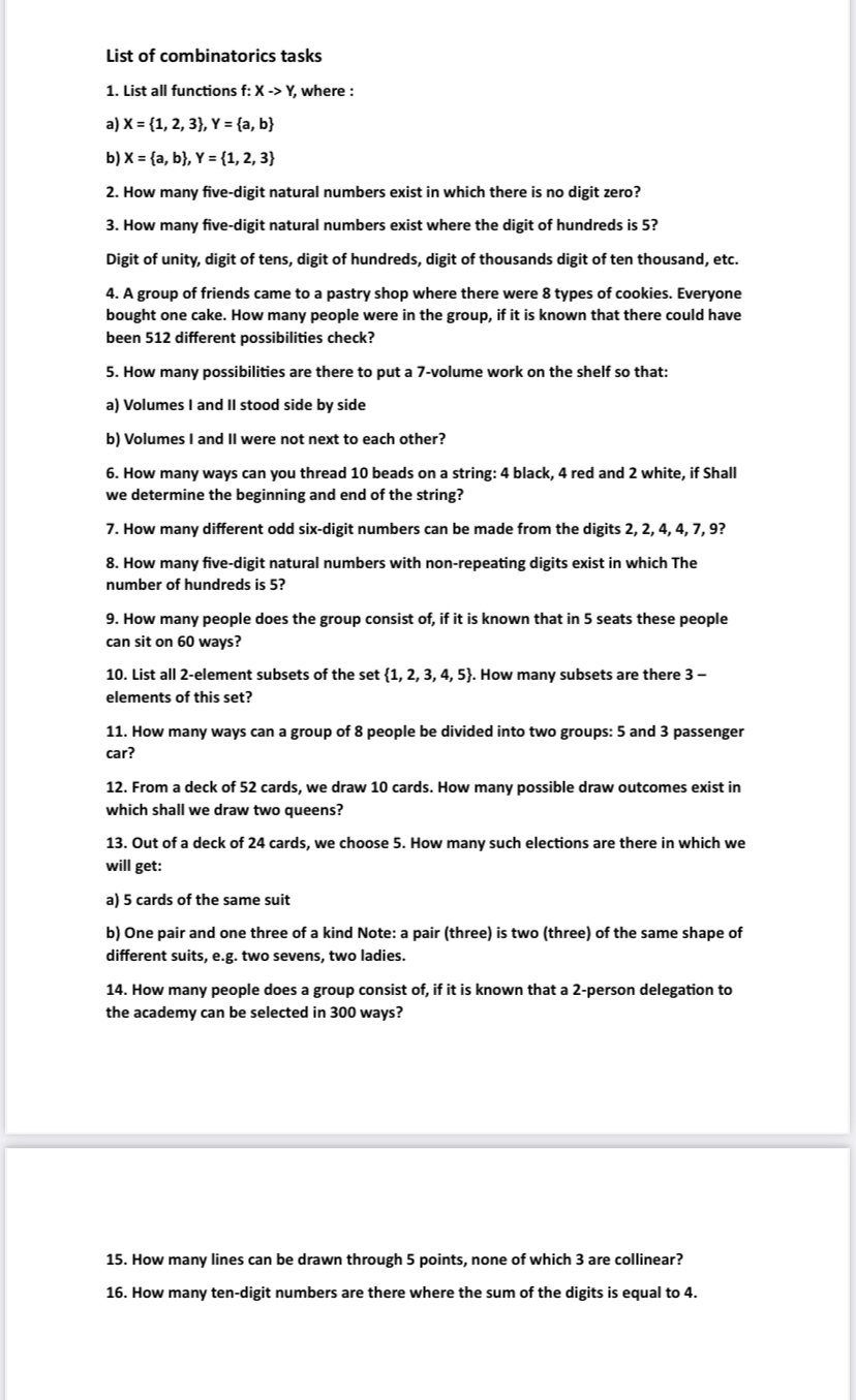 Solved List of combinatorics tasksList all functions f:x→Y, | Chegg.com