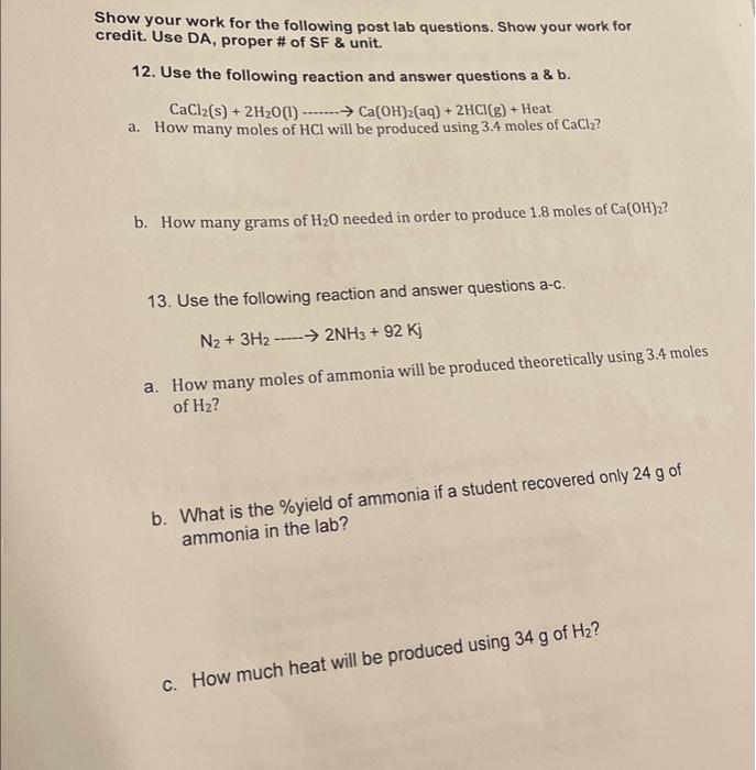 Solved Show your work for the following post lab questions. | Chegg.com