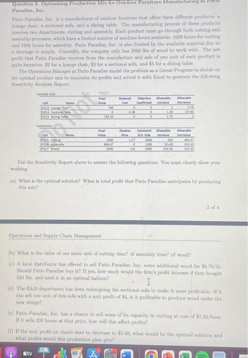 Solved Quenton 3. Optimizing Production Mix for Ontdoor | Chegg.com