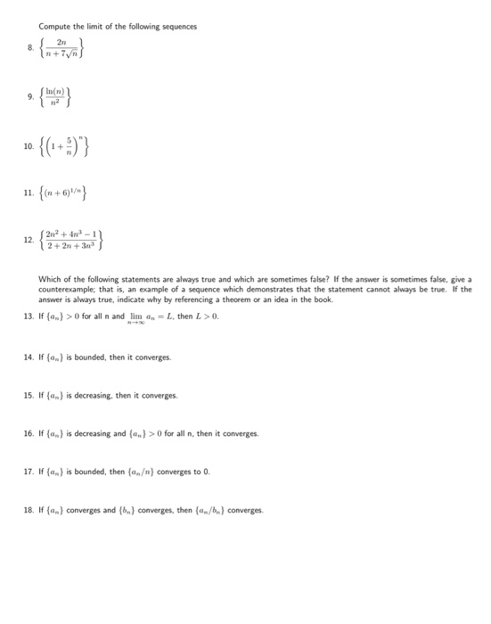 Solved Compute the limit of the following sequences 10. | Chegg.com