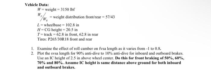 Solved Vehicle Data: W= weight =3150lbfWF/WR= weight | Chegg.com