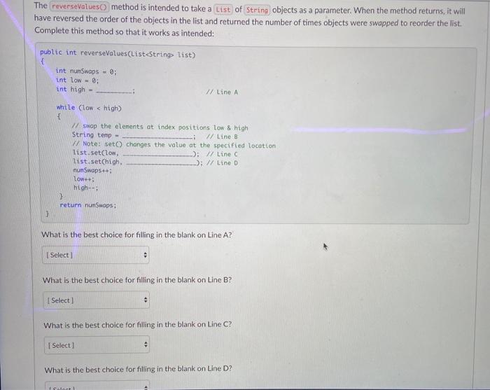 Solved The reverseValueso method is intended to take a list | Chegg.com
