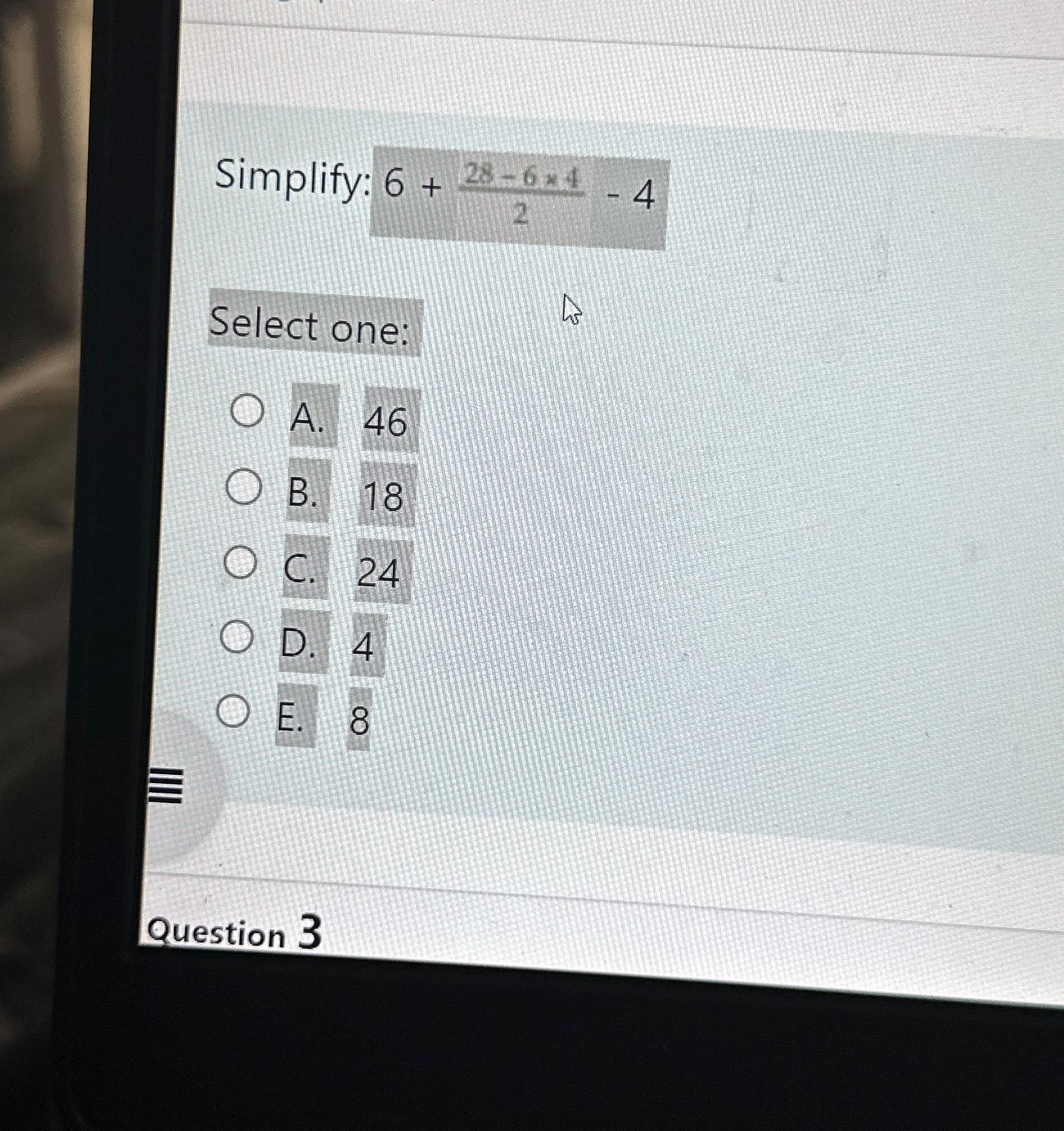 Solved Simplify: 6+28-6×42-4Select | Chegg.com