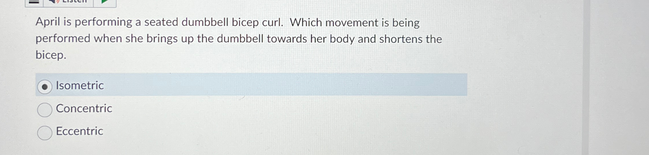 Solved April is performing a seated dumbbell bicep curl. | Chegg.com