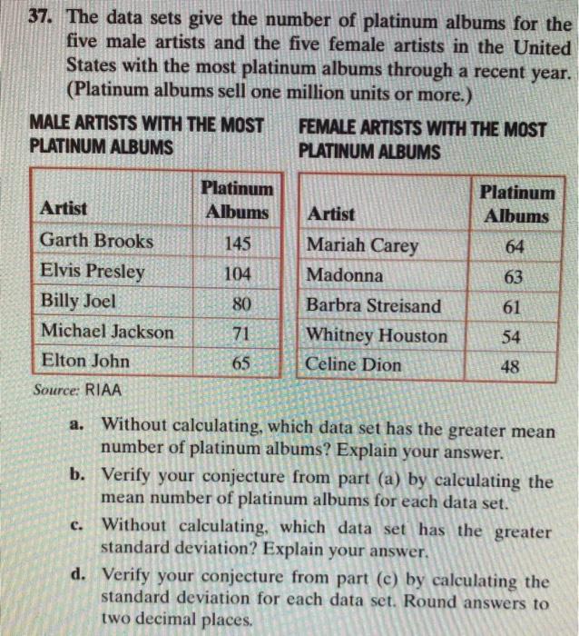 Solved 37. The data sets give the number of platinum albums | Chegg.com