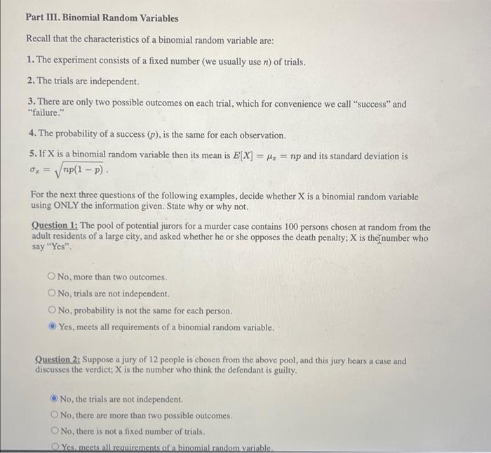 Solved Part III. Binomial Random Variables Recall that the | Chegg.com