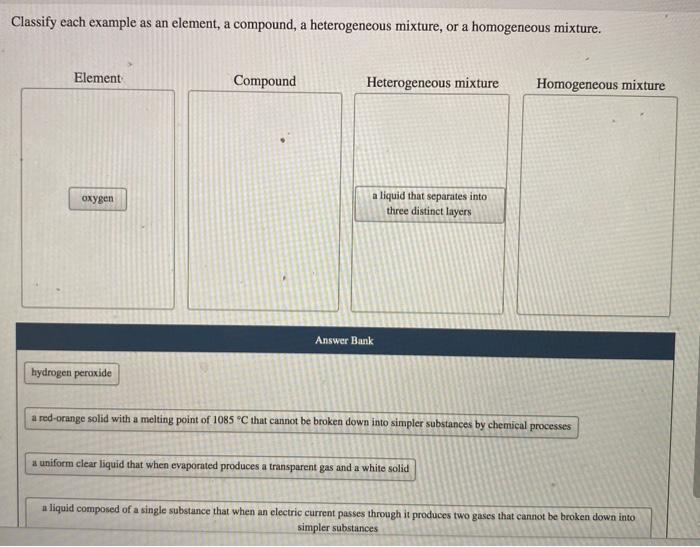 Solved Classify each example as an element, a compound, a | Chegg.com