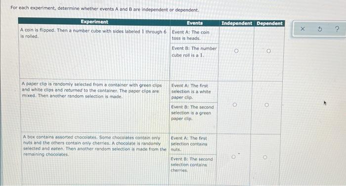 Solved For each experiment, determine whether events A and B | Chegg.com Solved For each experiment, determine whether events A and B | Chegg.com