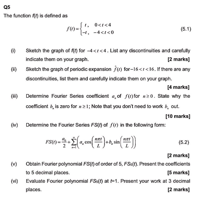 Solved Q5 The function f(t) is defined as f(t)= -{ 1, 0 | Chegg.com