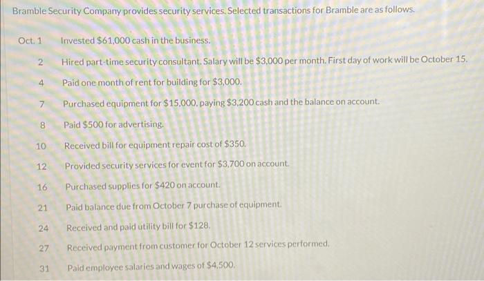 Solved Bramble Security Company provides security services. | Chegg.com