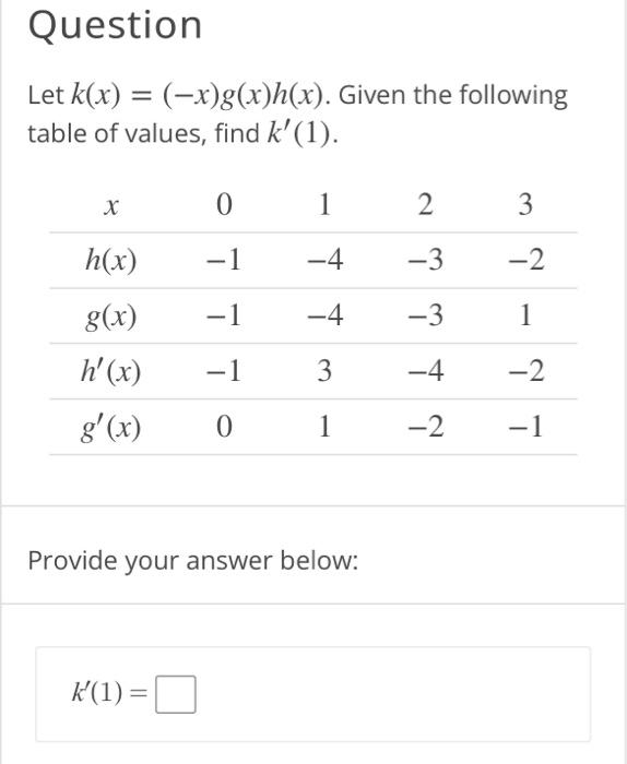 Solved Question Let k(x) = (-x)g(x)h(x). Given the following | Chegg.com