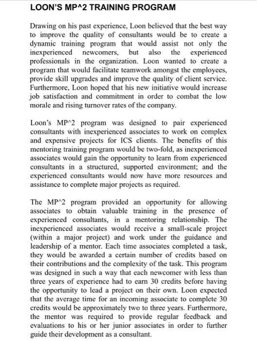 Solved IUNS CUNSULTING: THE MP2 TRAINING PROGRAM the times | Chegg.com