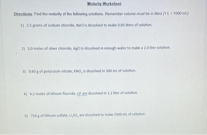 Solved Molarity Worksheet Directions Find the molarity of | Chegg.com