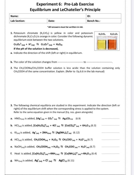 Solved Experiment 6: Pre-Lab Exercise Equilibrium and | Chegg.com
