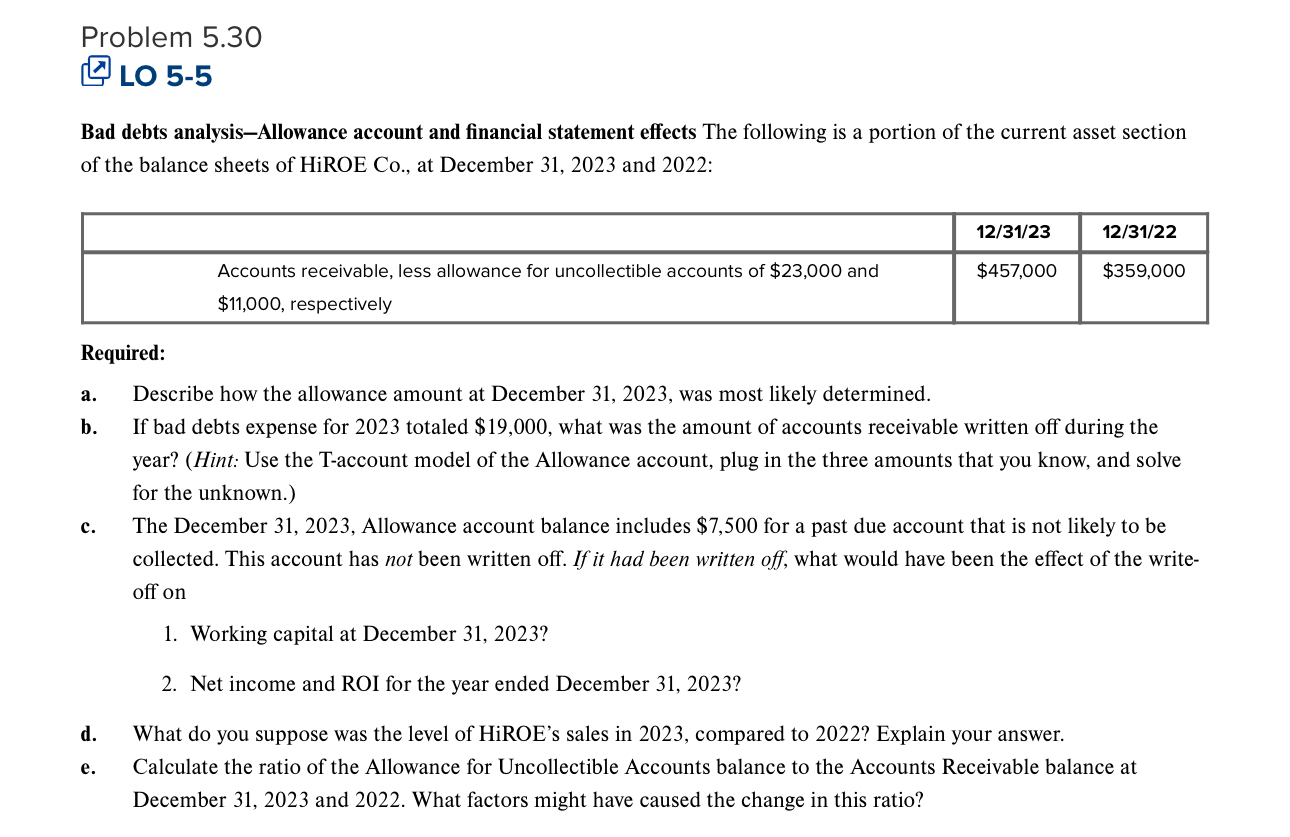 Solved Problem 5.30 LO 5-5Bad debts analysis-Allowance | Chegg.com
