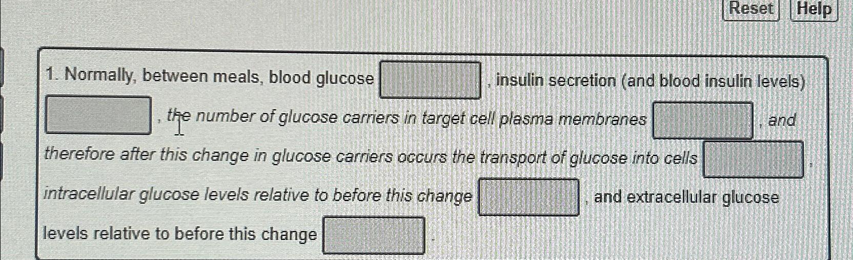 Solved ResetHelpNormally, between meals, blood glucose | Chegg.com