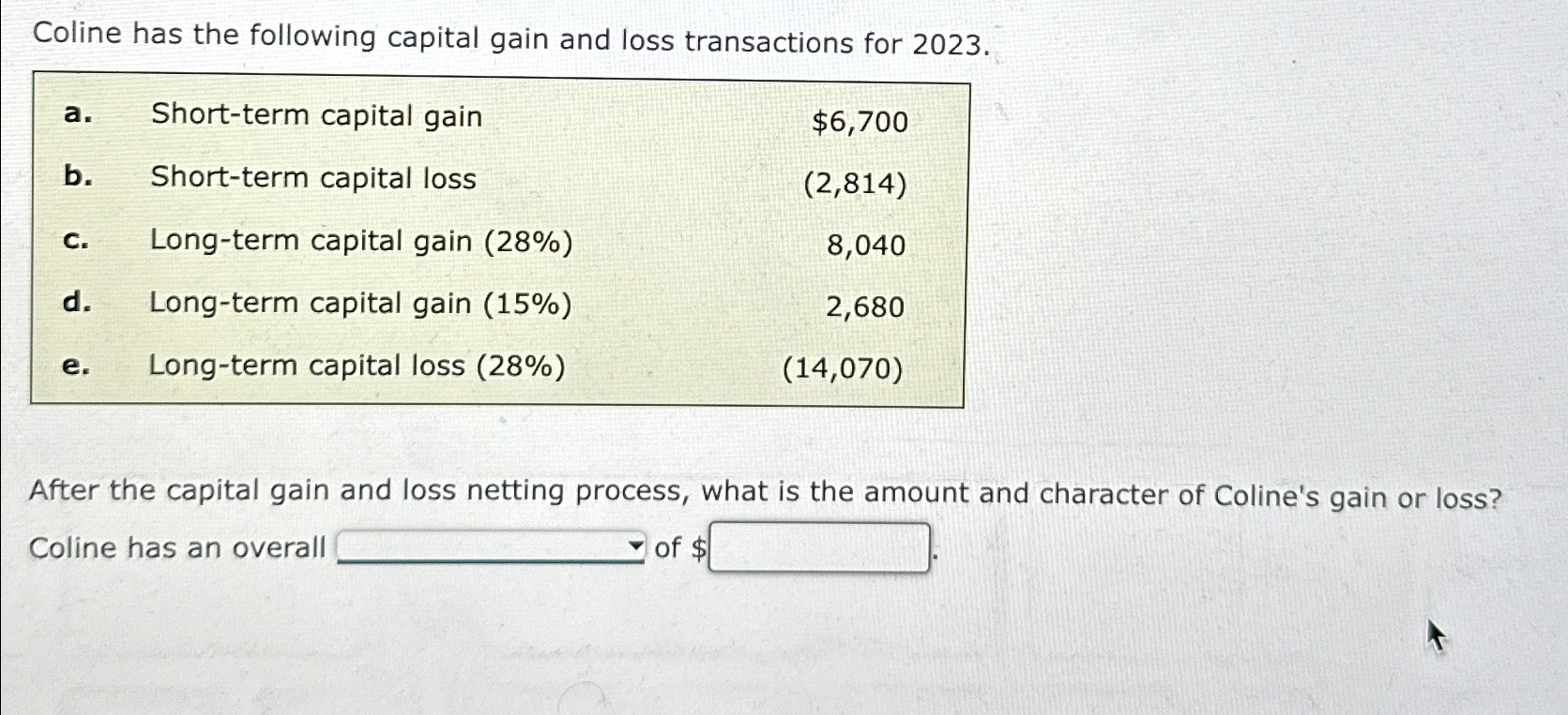 Solved Coline has the following capital gain and loss | Chegg.com