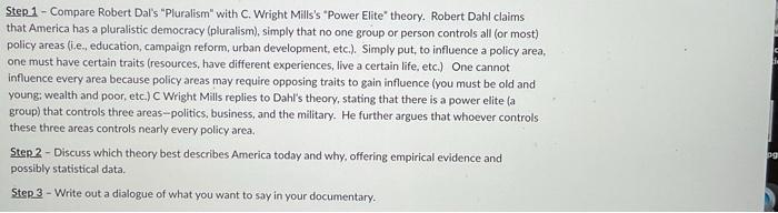 Step 1 - Compare Robert Dal's "Pluralism" with C. | Chegg.com